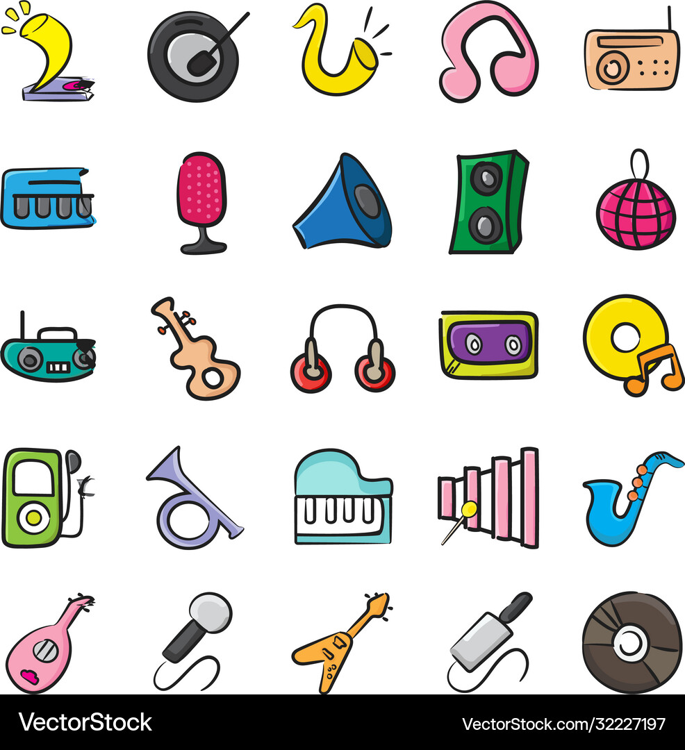 Musical instrument doodle icons pack Royalty Free Vector