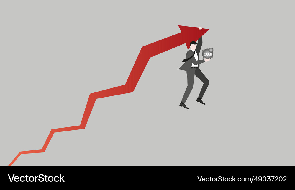 A businessman hangs rise red arrow with co2e Vector Image