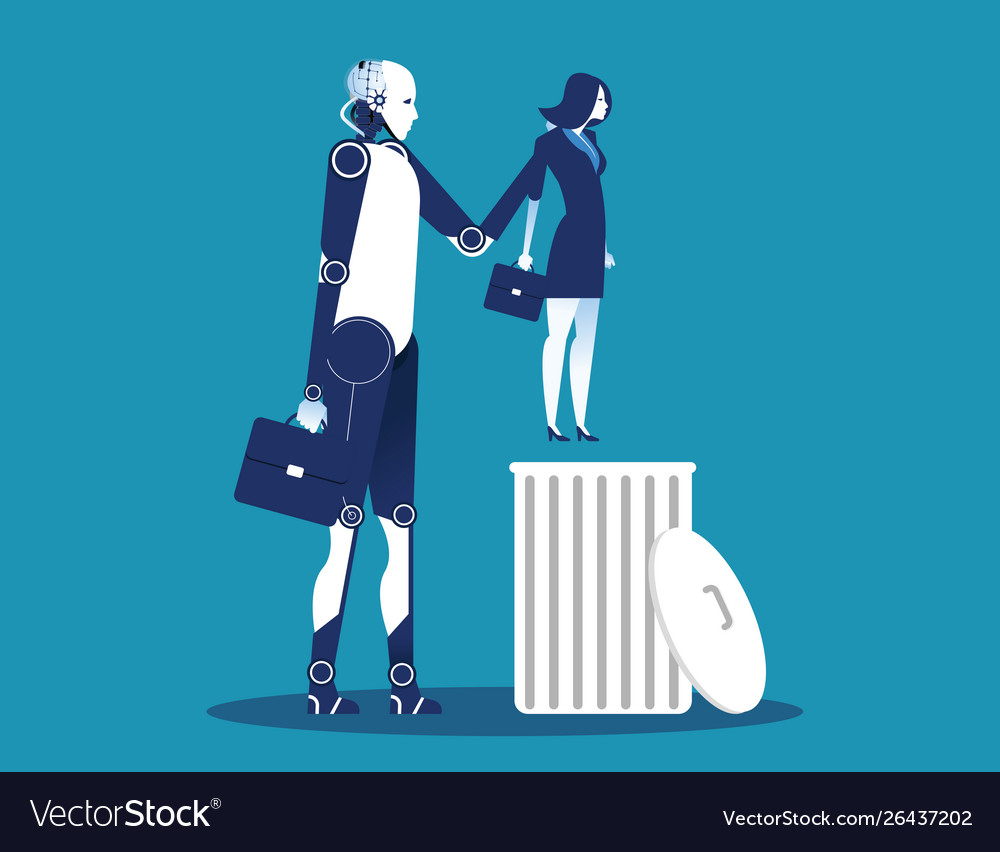 Robot vs human work replace technology Royalty Free Vector