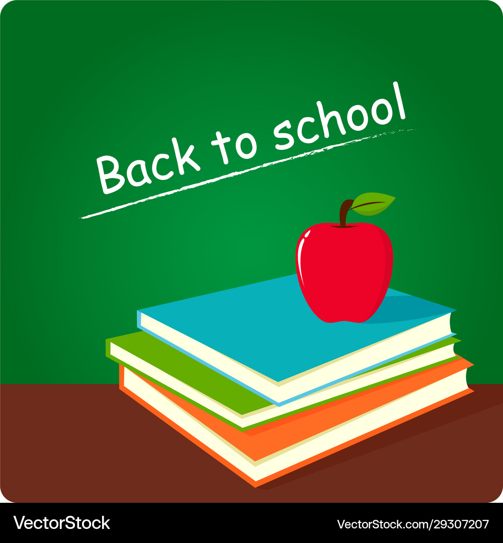 Green board books and apple in classroom Vector Image