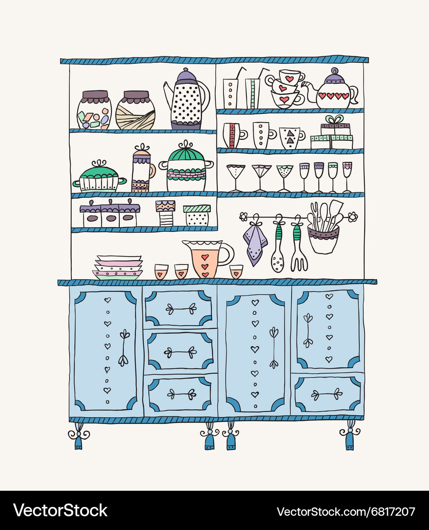 Kitchen cabinet with various utensils Royalty Free Vector
