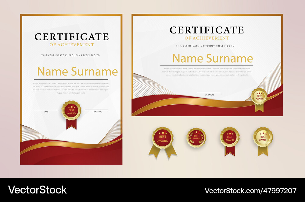 Luxury wavy red gold certificate with badge Vector Image