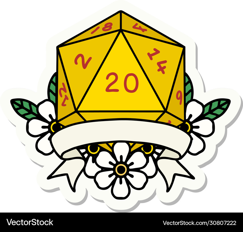 Natural 20 critical hit d20 dice roll sticker Vector Image