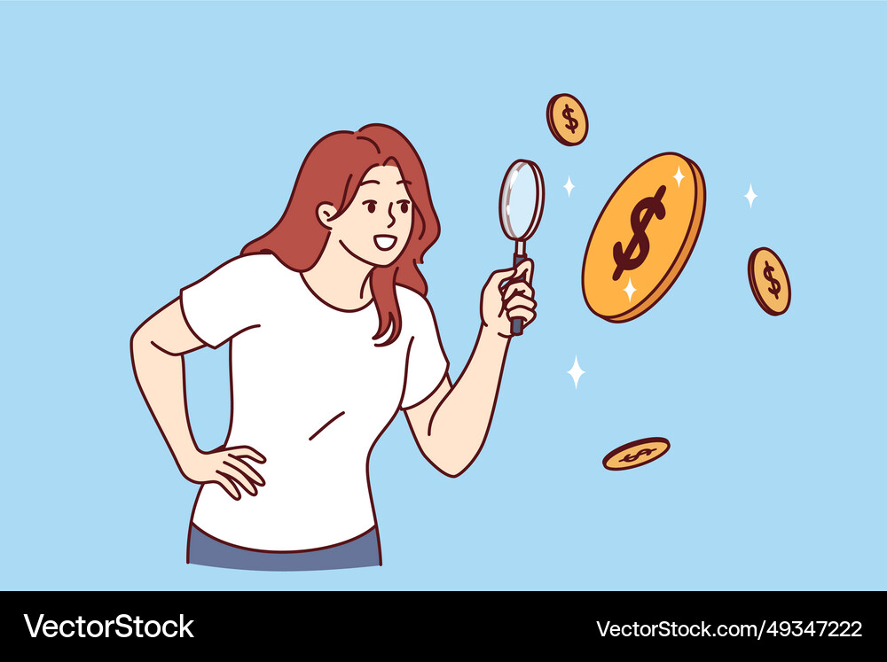 Woman examines falling coins through magnifying Vector Image
