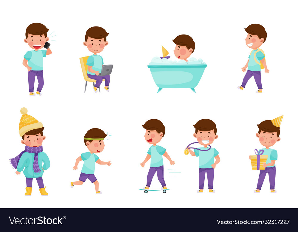 Little boy character engaged in skateboarding and Vector Image