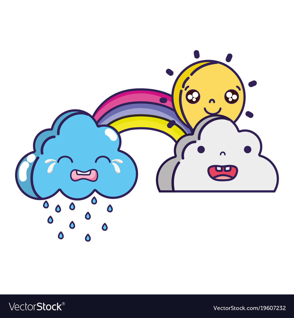 Cute natural weather clouds with sun and rainbow Vector Image