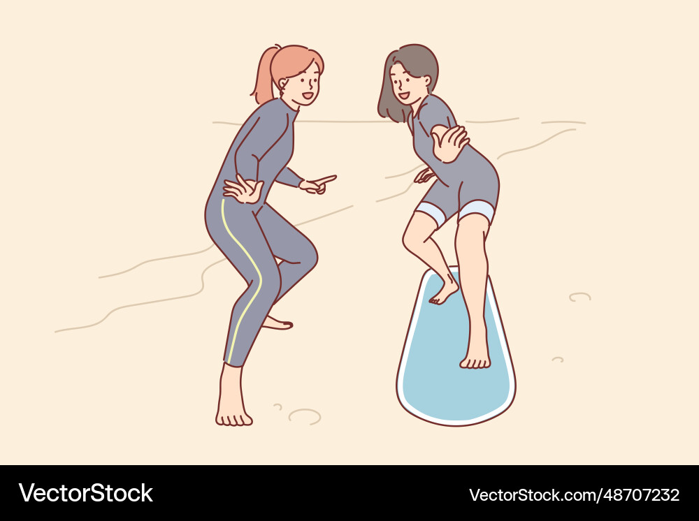 Woman learns to surfer along with instructor Vector Image