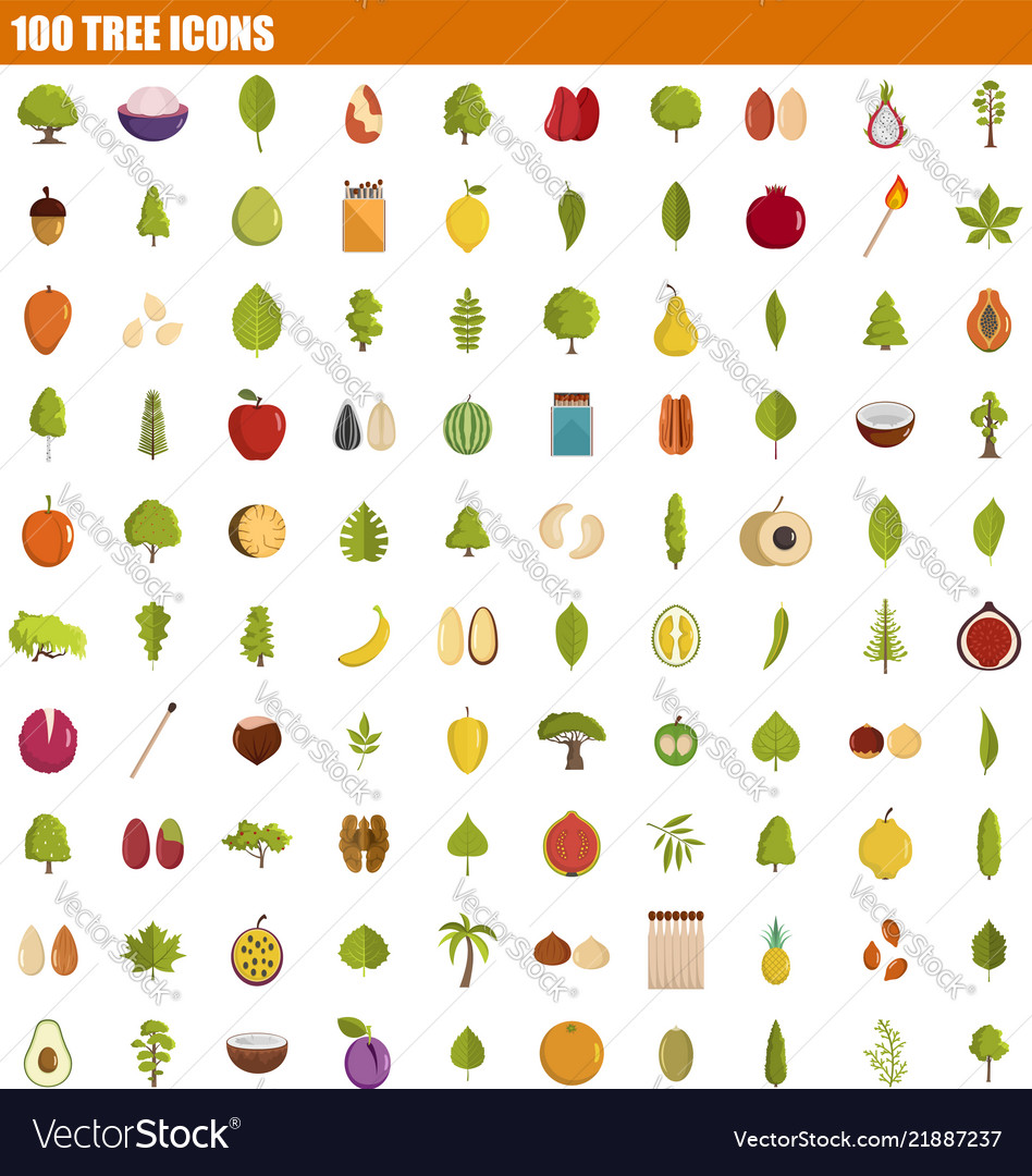 100 tree icon set flat style Royalty Free Vector Image