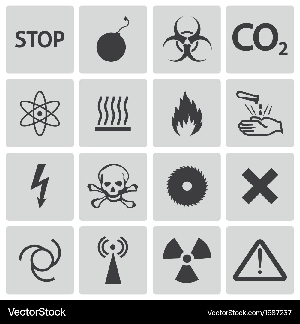 Black danger icons set Royalty Free Vector Image