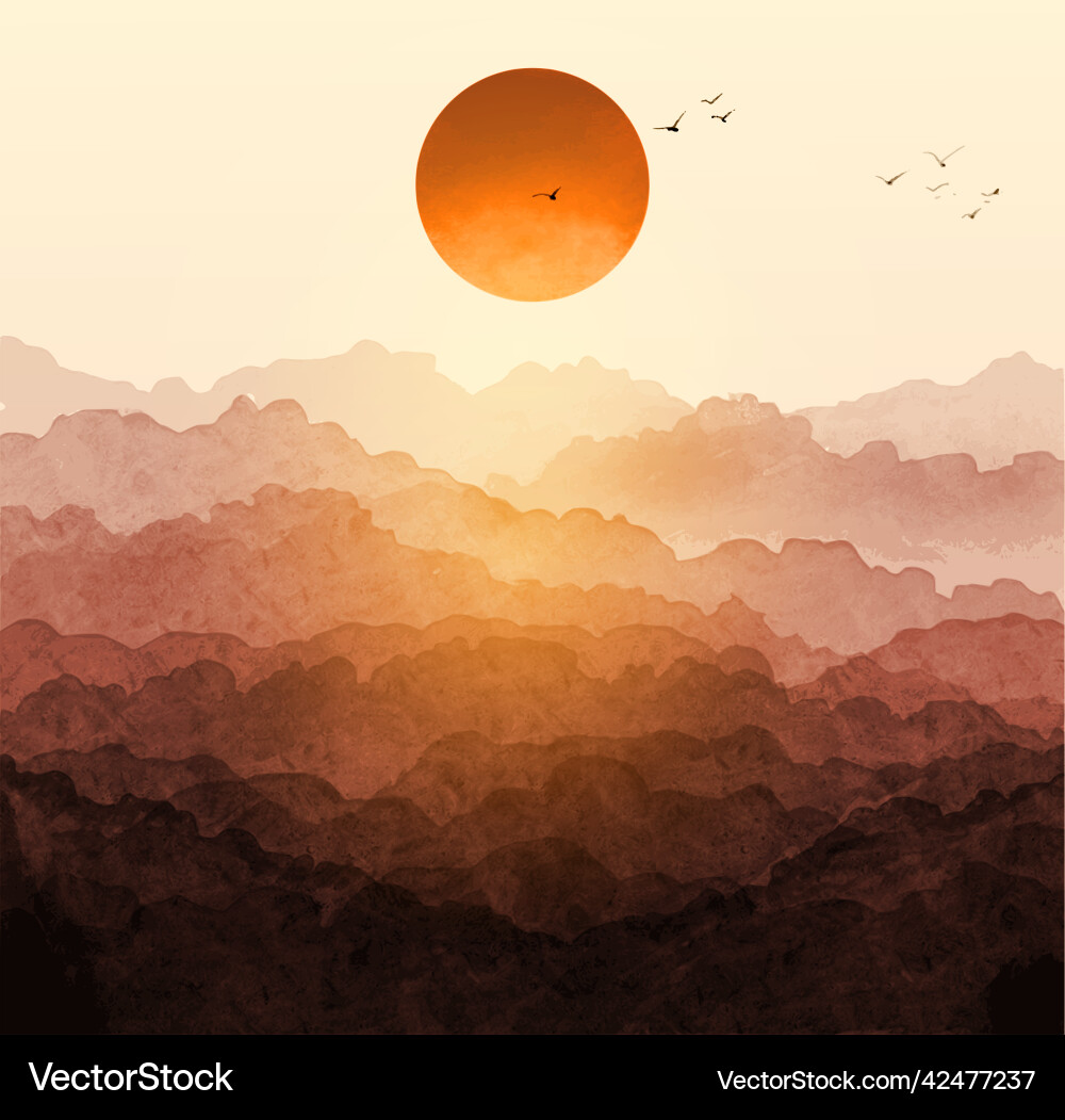 Sunrise landscape with forest mountains and big Vector Image
