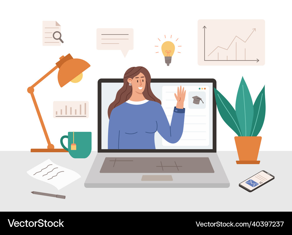 Teacher on laptop screen lead lesson online Vector Image