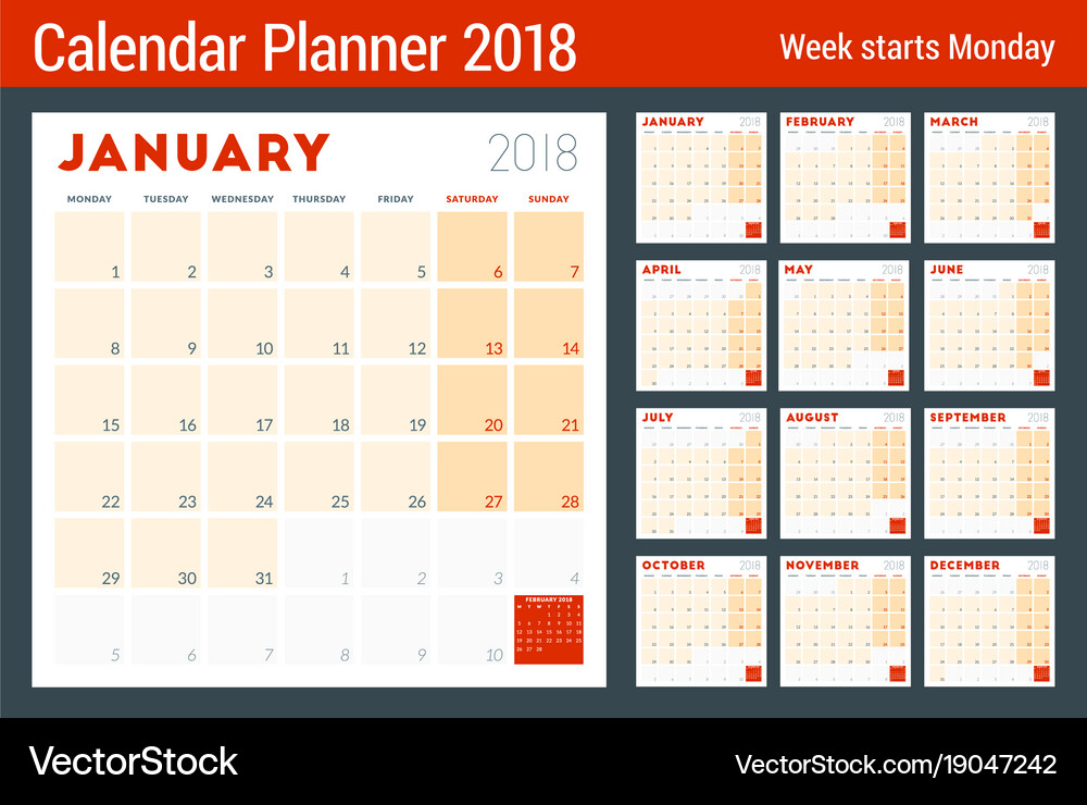 Calendar planner for 2018 year week starts Vector Image