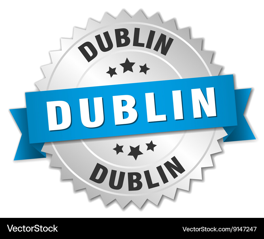 Dublin round silver badge with blue ribbon Vector Image