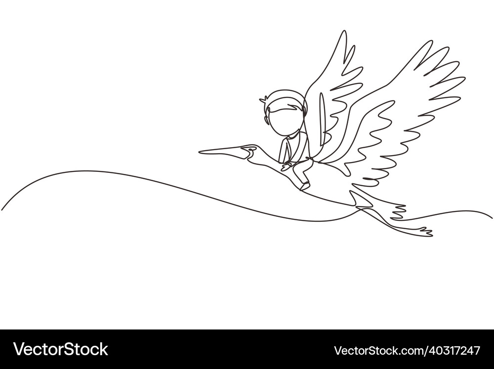 Single one line drawing happy little boy flying Vector Image