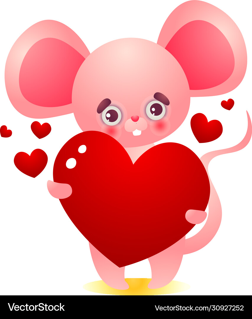 Happy pink humanized mouse character holding a big