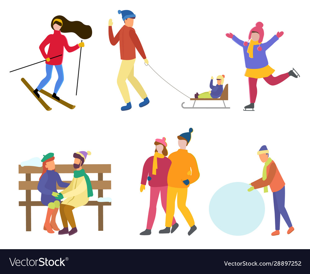 Winter characters hobbies activities collection Vector Image