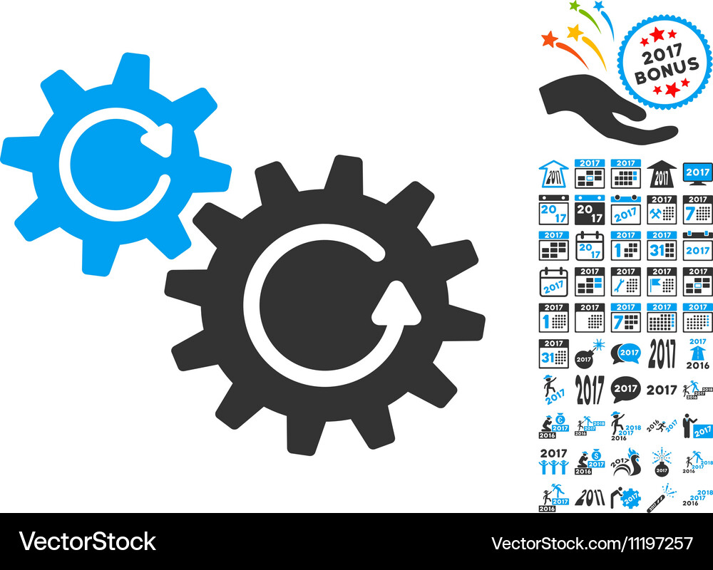 Cogs rotation icon with 2017 year bonus pictograms