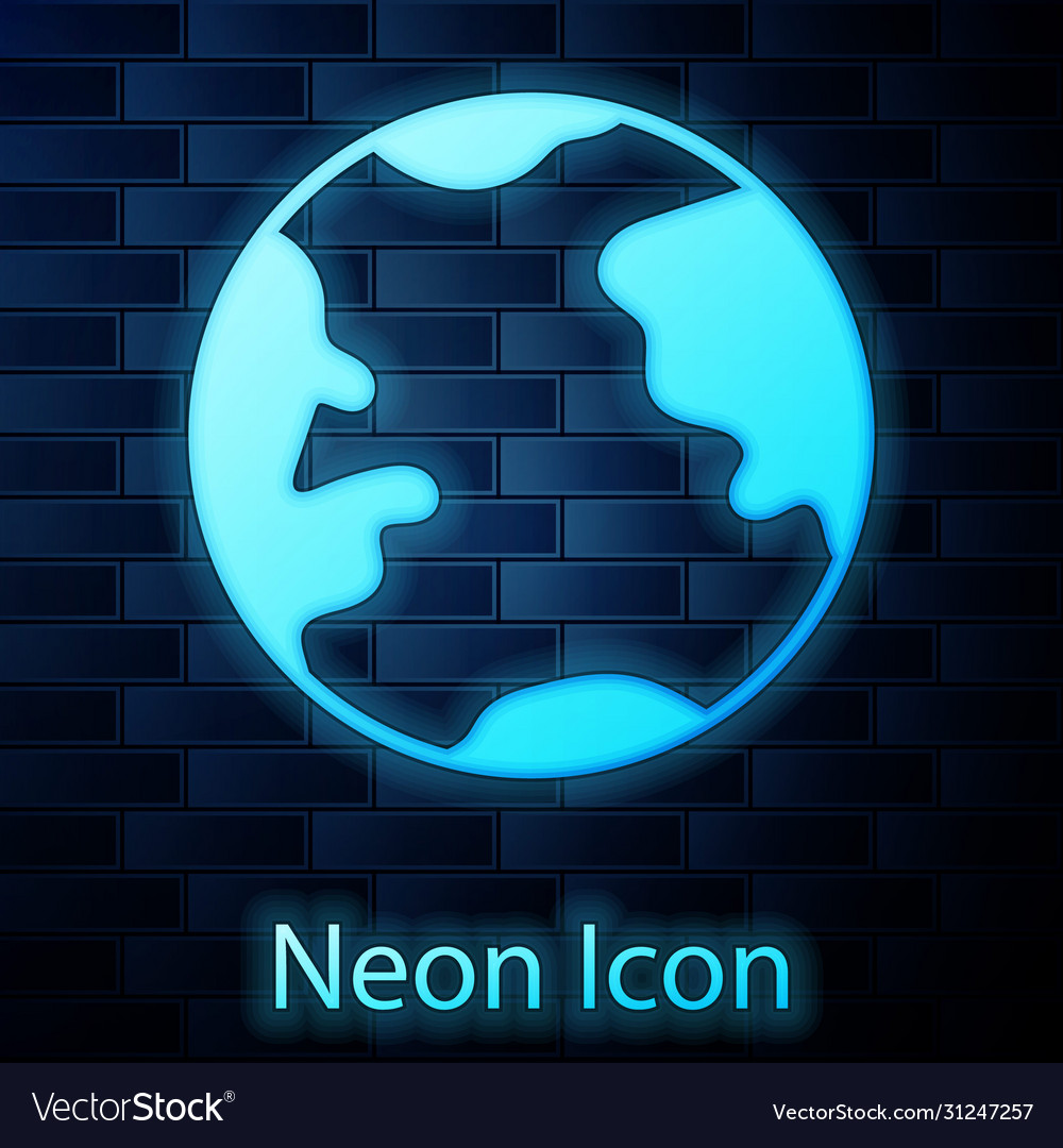 Glowing neon earth globe icon isolated on brick Vector Image