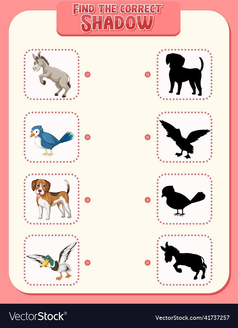 Matching farm animal shadow worksheet Royalty Free Vector