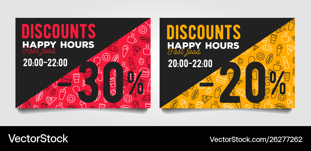 Happy hour discount cards with fast food pattern Vector Image