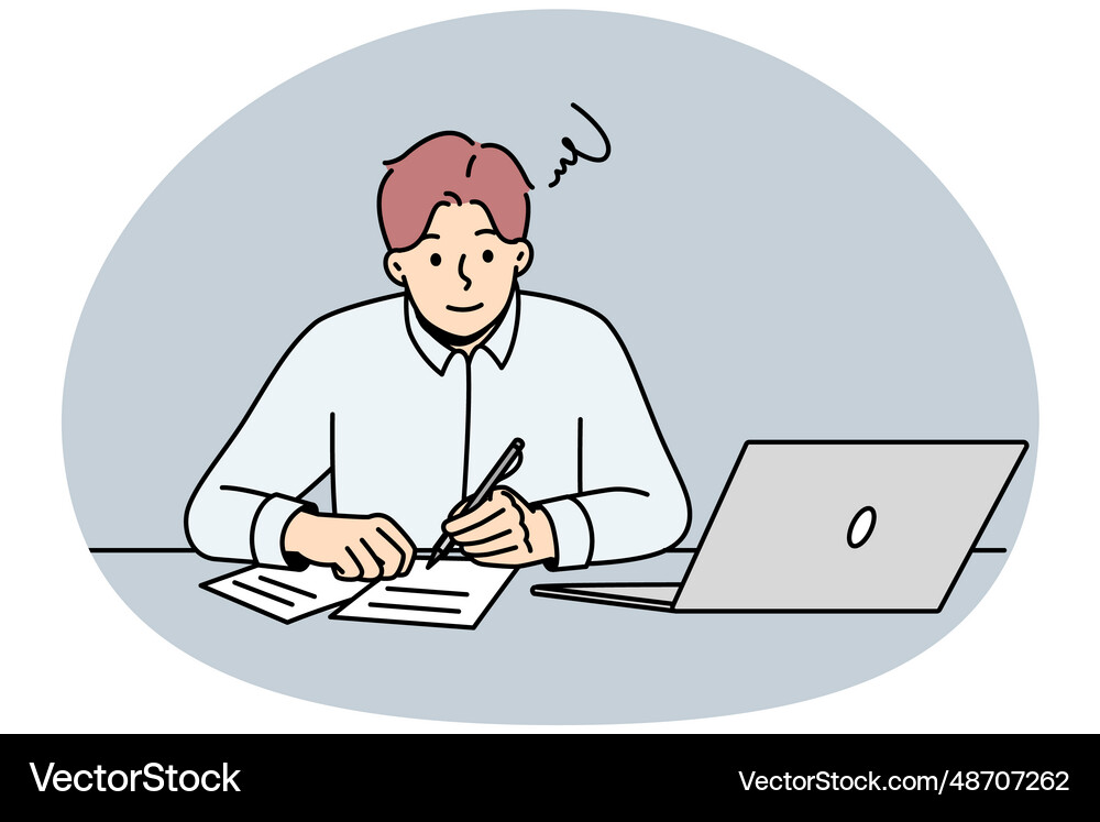 Man work on laptop make notes paper Royalty Free Vector
