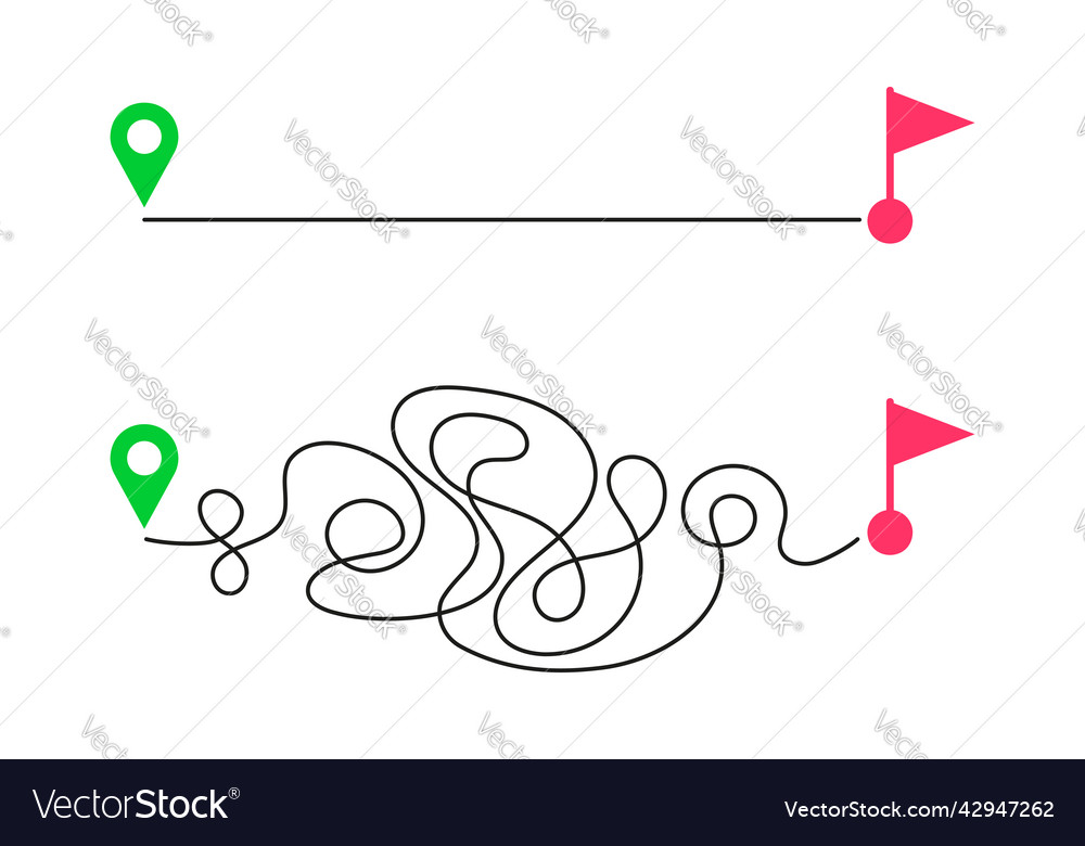 Straight And Curved Paths From Start Map Pin Vector Image