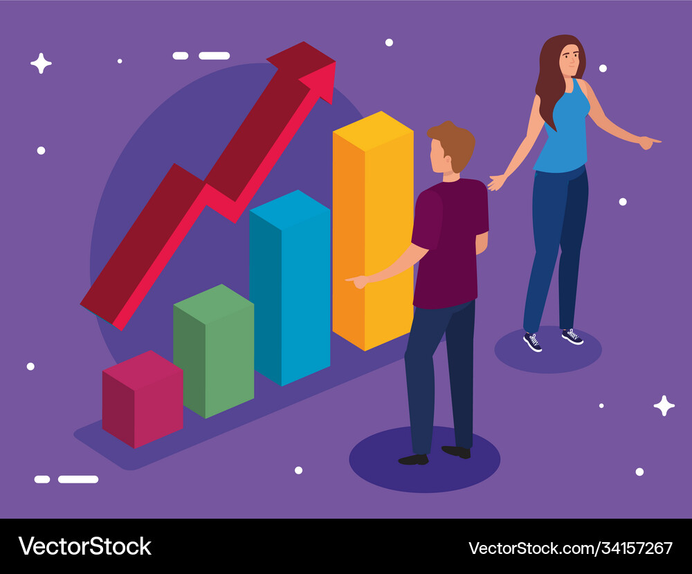 Bars chart with increase arrow woman and man Vector Image