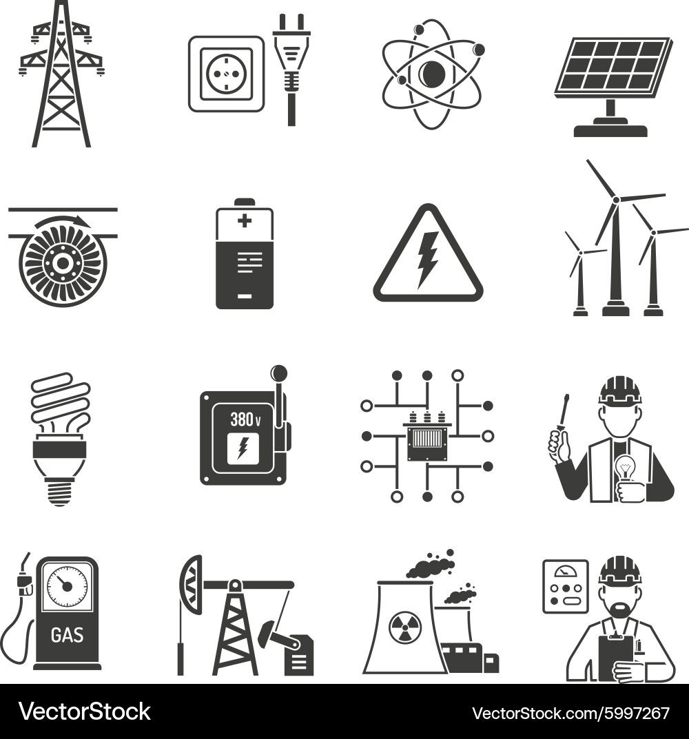 Energy power black icons set Royalty Free Vector Image