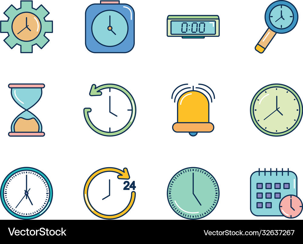 Icon set bell and time line fill style Royalty Free Vector