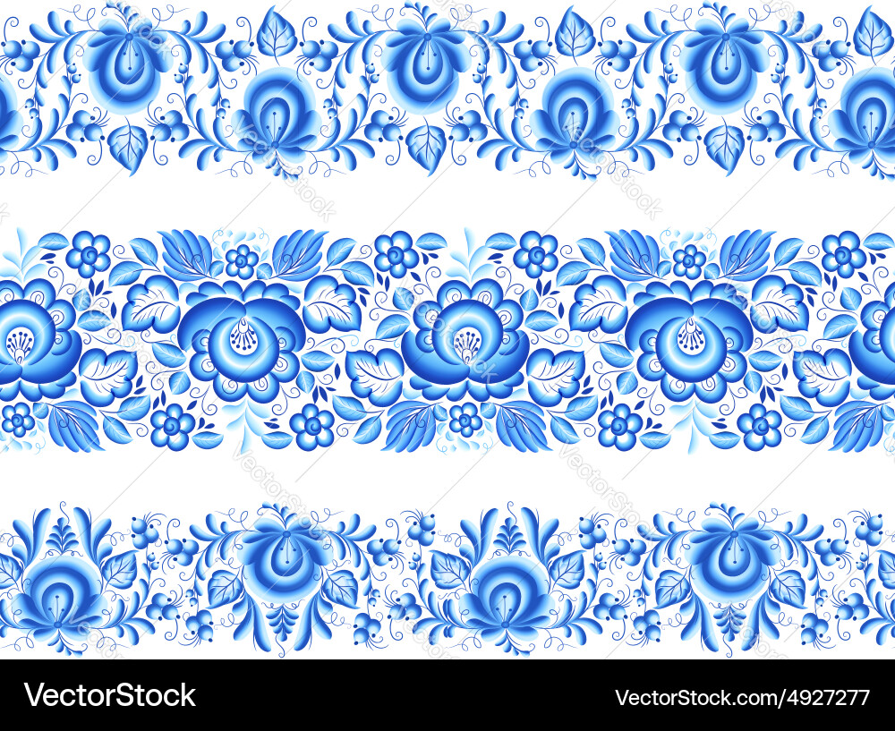 Floral stripes seamless patterns in gzhel style Vector Image