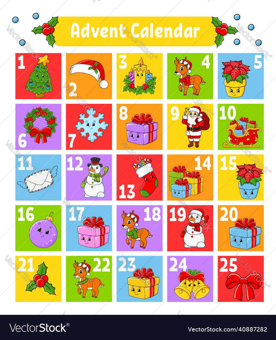 Christmas advent calendar with cute characters Vector Image