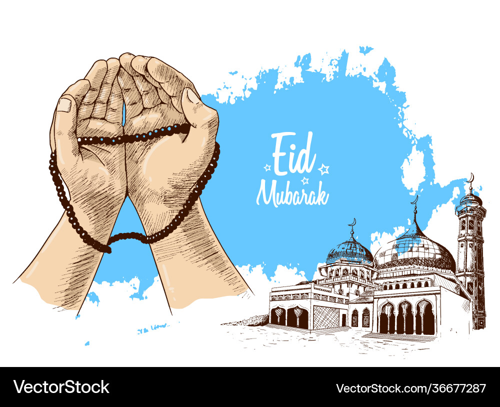 Colorful hand praying mosque drawn on white Vector Image