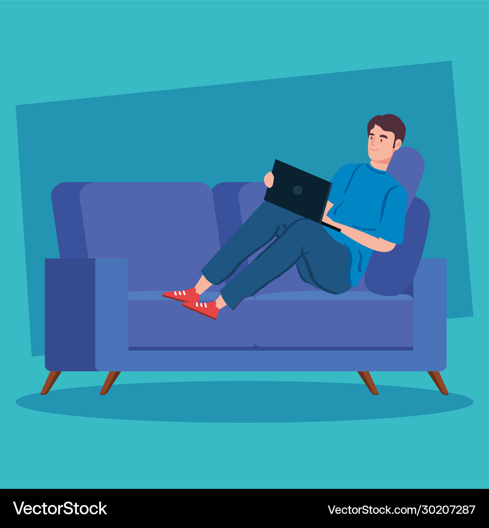 Man working in telecommuting with laptop in couch Vector Image