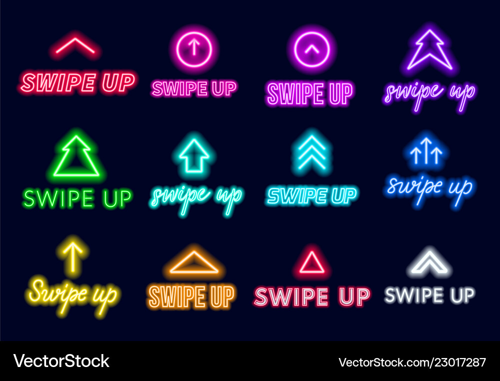 Neon sign swipe up button for stories Royalty Free Vector