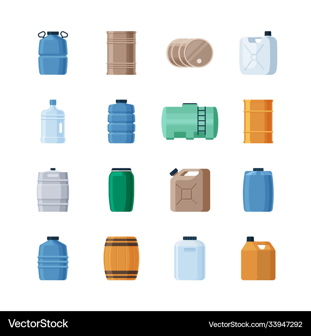 Various containers liquid set wooden barrels for Vector Image