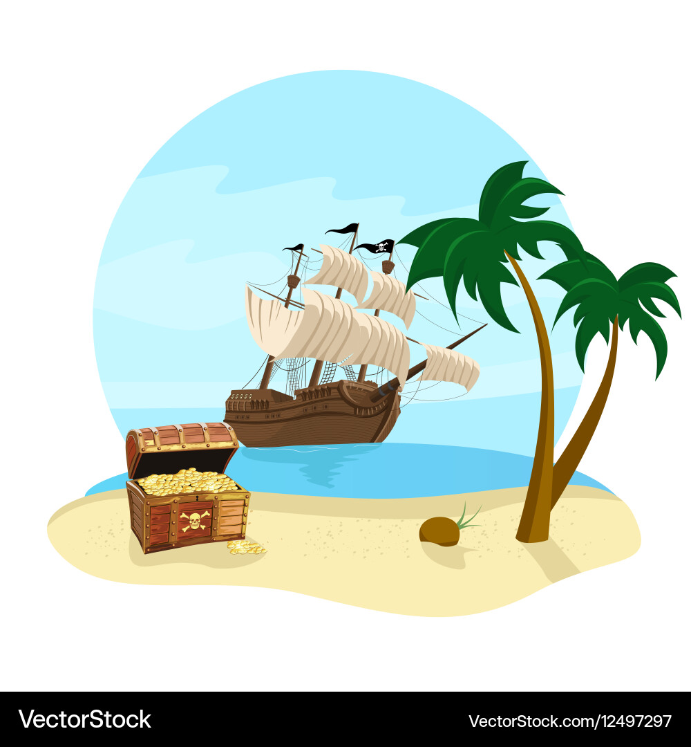 Pirate ship coconut tree and treasure chest Vector Image