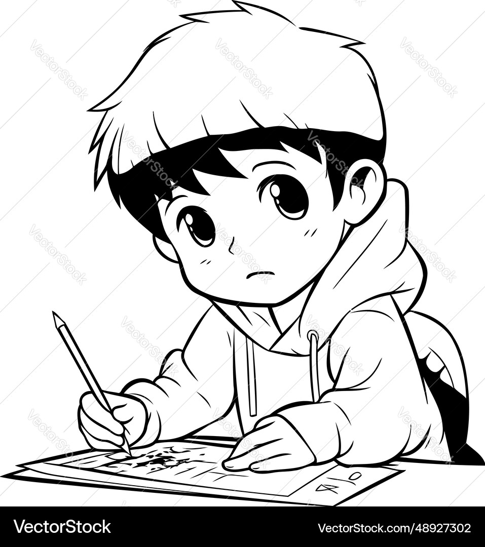 Boy drawing with pencils black and white Vector Image