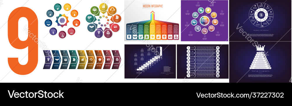 Collection 9 colorful infographics for nine Vector Image