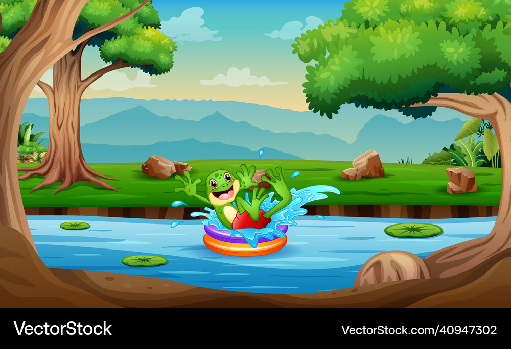 Happy frog cartoon on an inflatable circle Vector Image