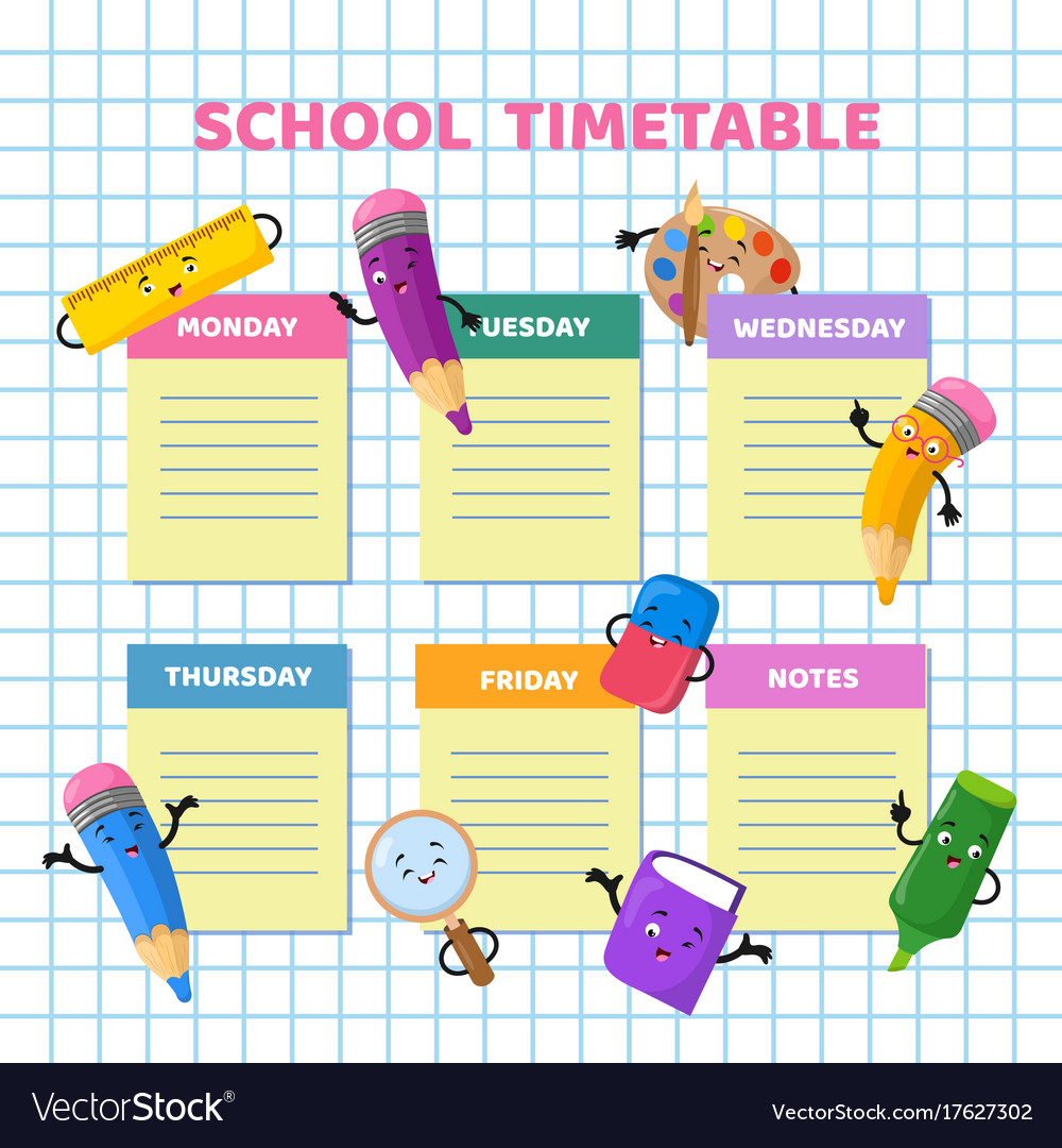 School Timetable With Funny Cartoon Stationery Vector Image school-timetable-with-funny-cartoon-stationery-vector-image