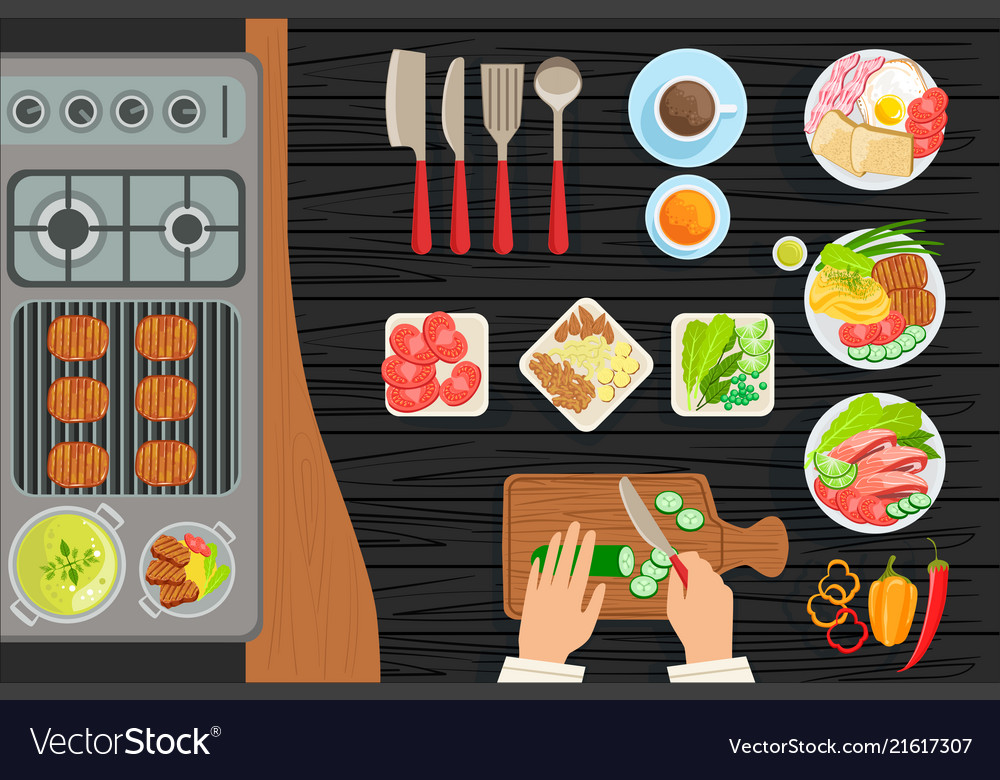 Cafe grill cooking process elements set view from Vector Image
