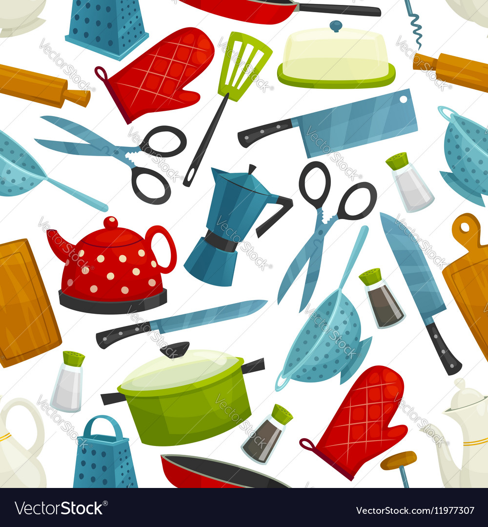 Cooking utensils kitchenware seamless pattern Vector Image