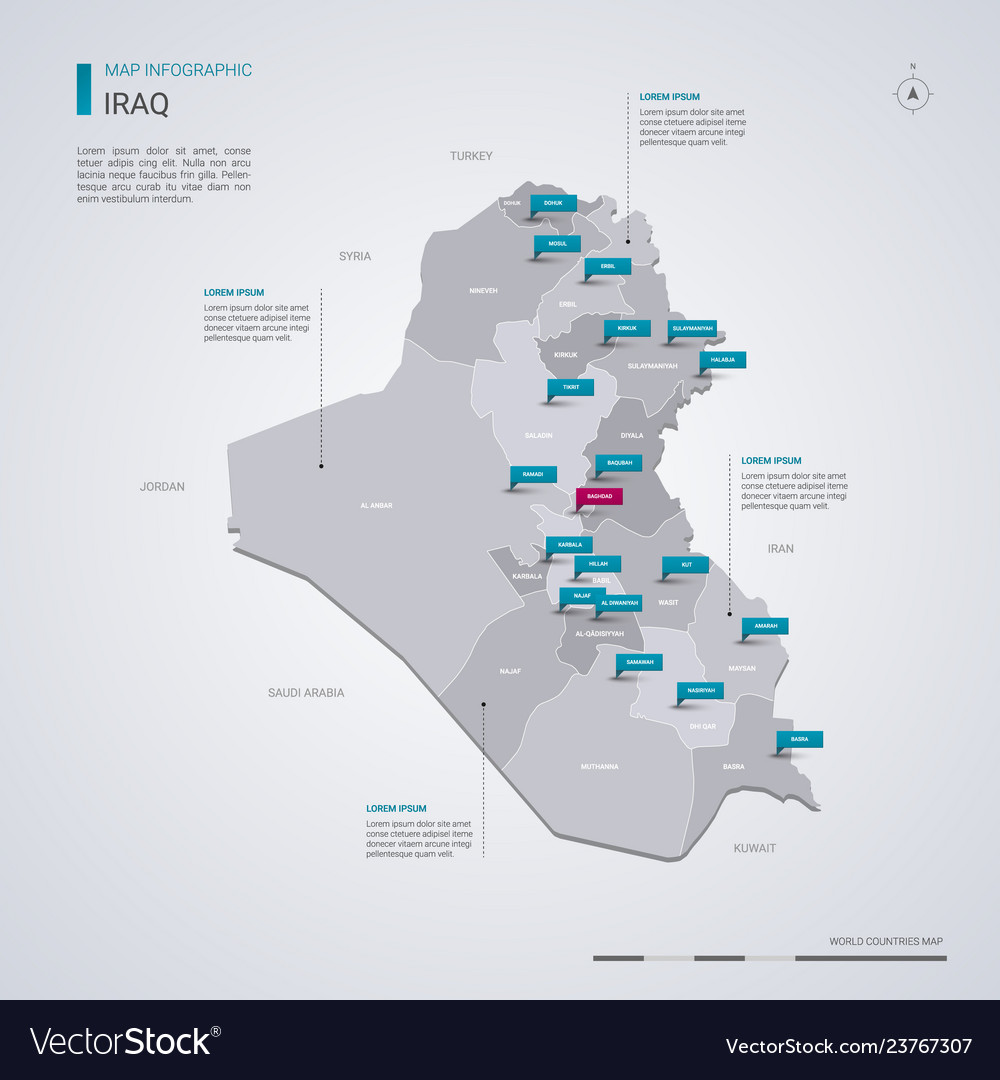 Iraq map with infographic elements pointer marks Vector Image