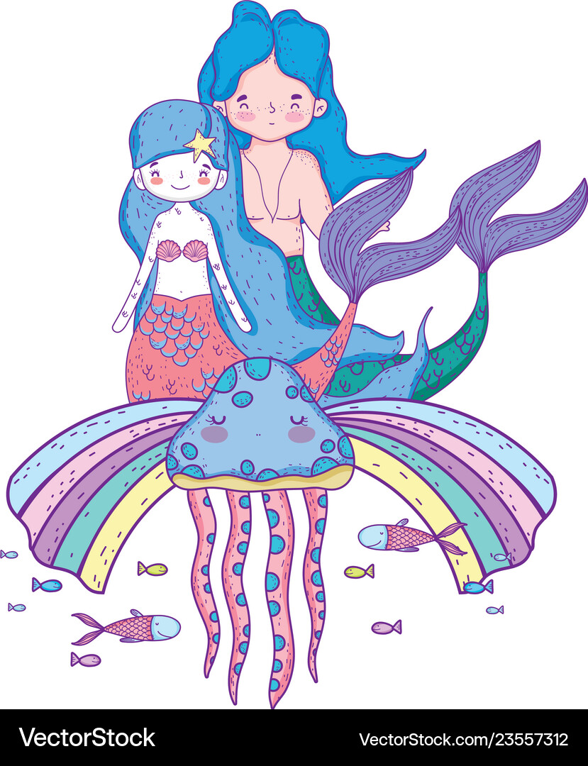 Couple mermaids with rainbow undersea Royalty Free Vector