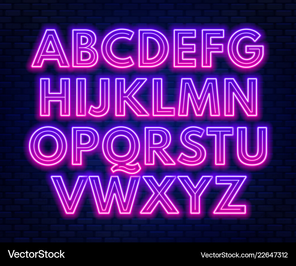Pink purple gradient neon alphabet on a dark Vector Image