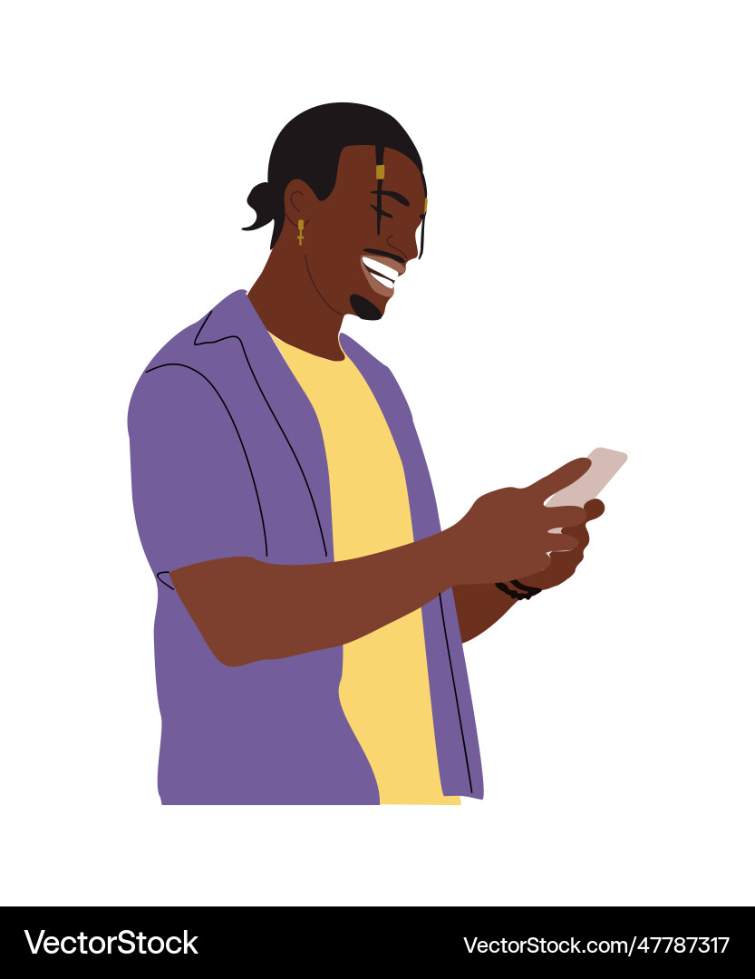 Black man holding mobile phone isolated Royalty Free Vector