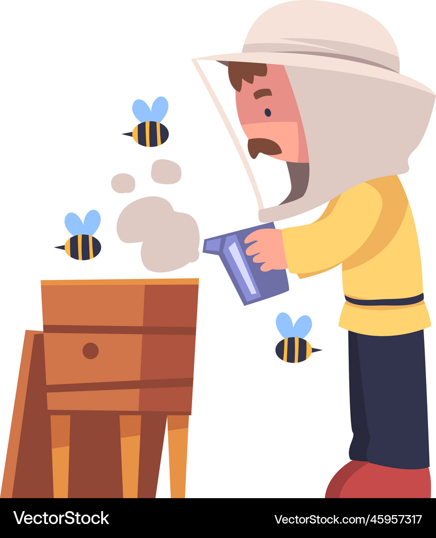 Mustached beekeeper with smoker keeping honey bee Vector Image