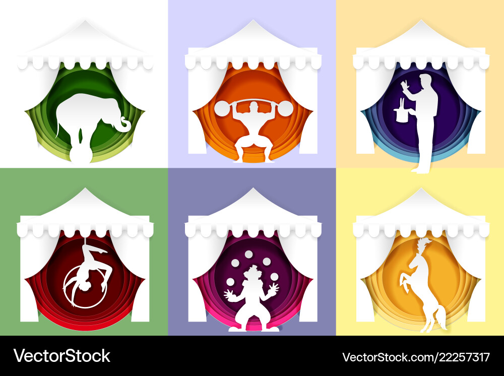 Paper cut circus poster logo card set Royalty Free Vector
