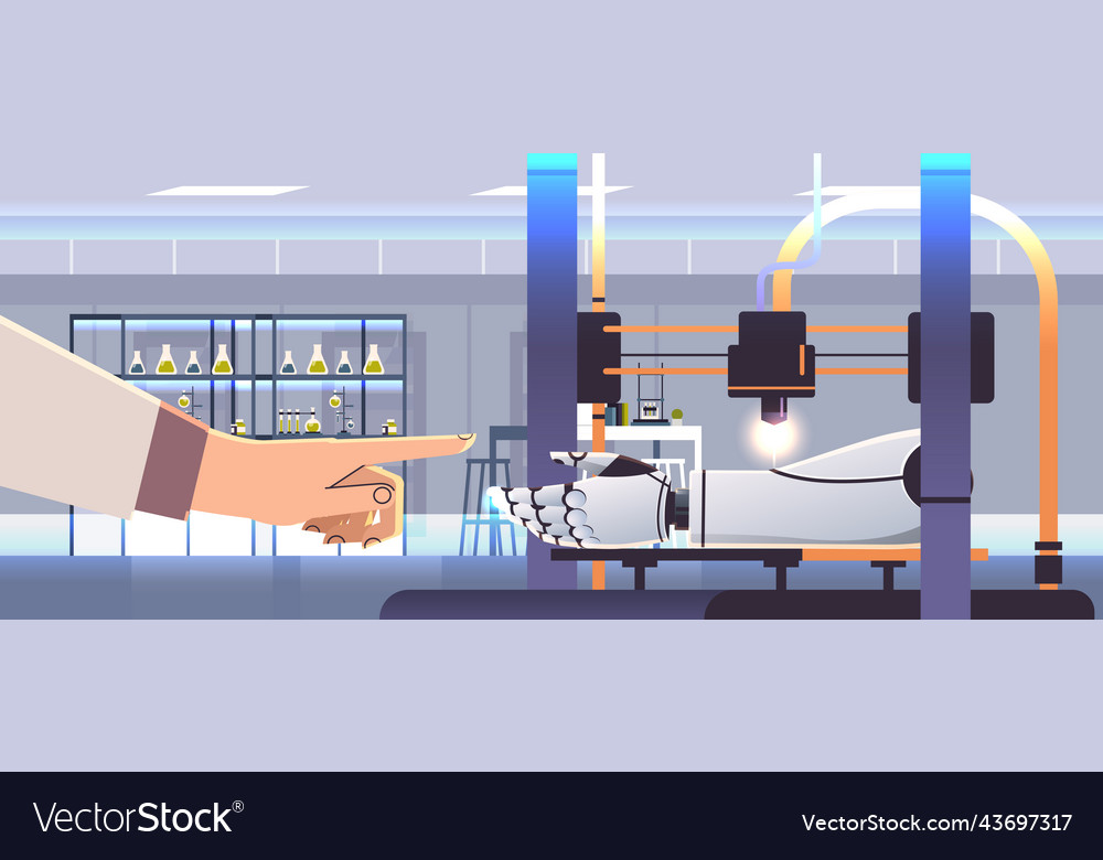Scientists hand touching robotic model Royalty Free Vector Scientists hand touching robotic model Royalty Free Vector