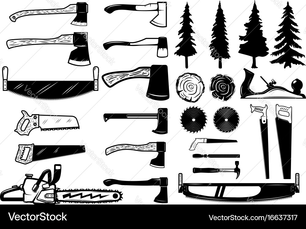 Set carpenter tools wood and trees icons Vector Image